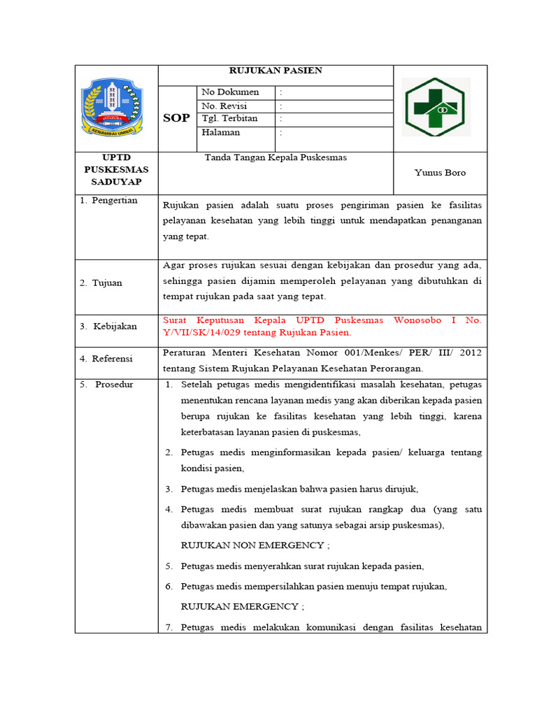 SOP Rujukan Pasien Puskesmas | PDF