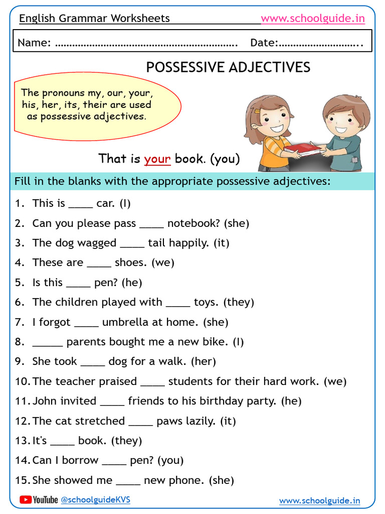 Possessive Adjectives Worksheet for Grade 2 | PDF