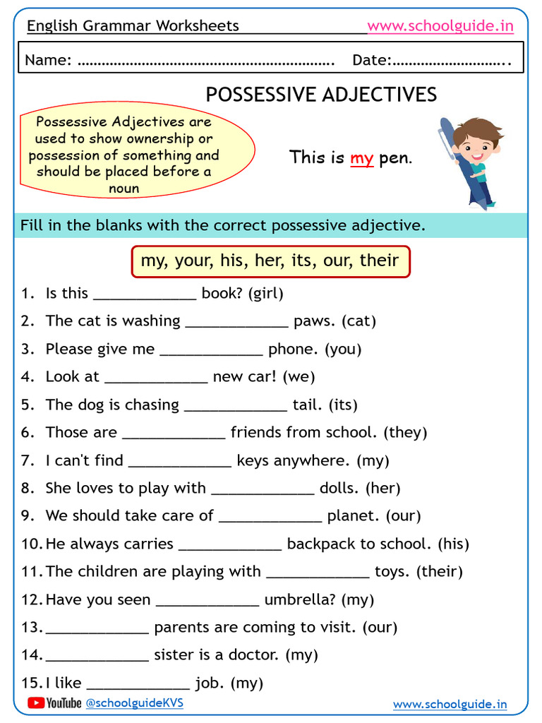 Possessive Adjectives Worksheet 3 | PDF
