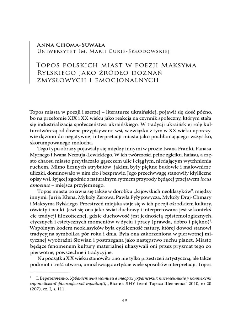 A Choma Suwala Topos Polskich Miast W Poezji Maksyma Rylskiego 1 | PDF