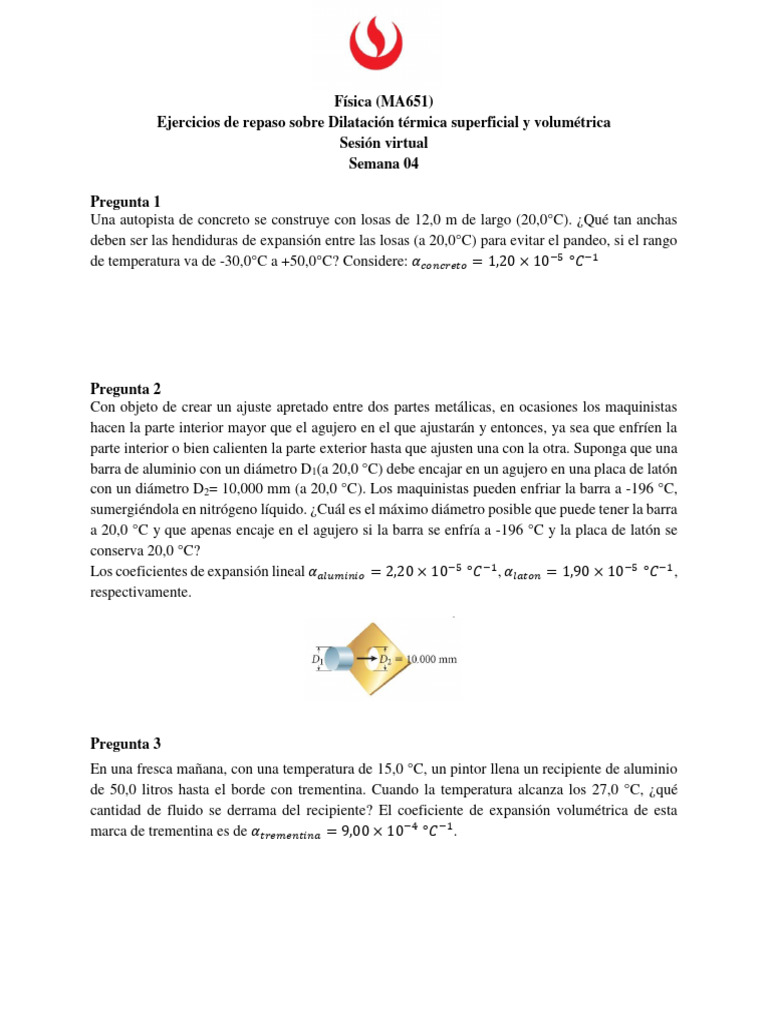 Ejercicios PRÁCTICA Dilatación térmica sup - Sem 02 | PDF