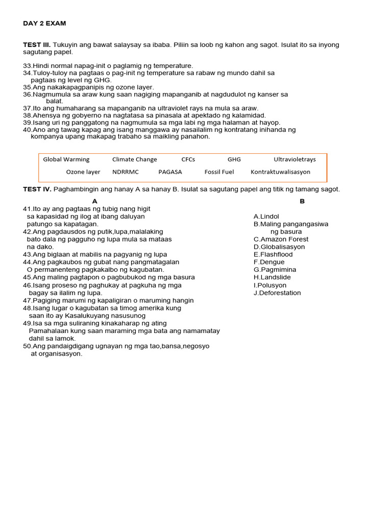 1st Quarter Exam A P 10 Day 2 2 | PDF