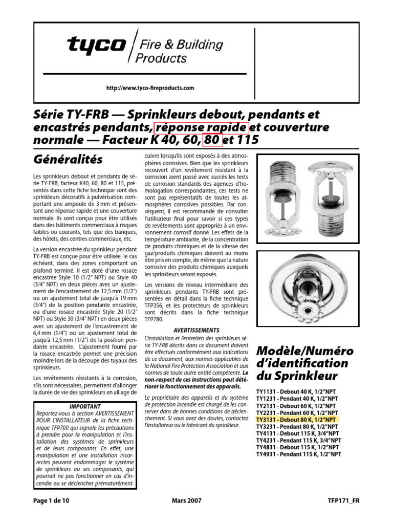 Sprinkleurs TY-FRB : K40 à K115 | PDF | Protection incendie | Sciences ...