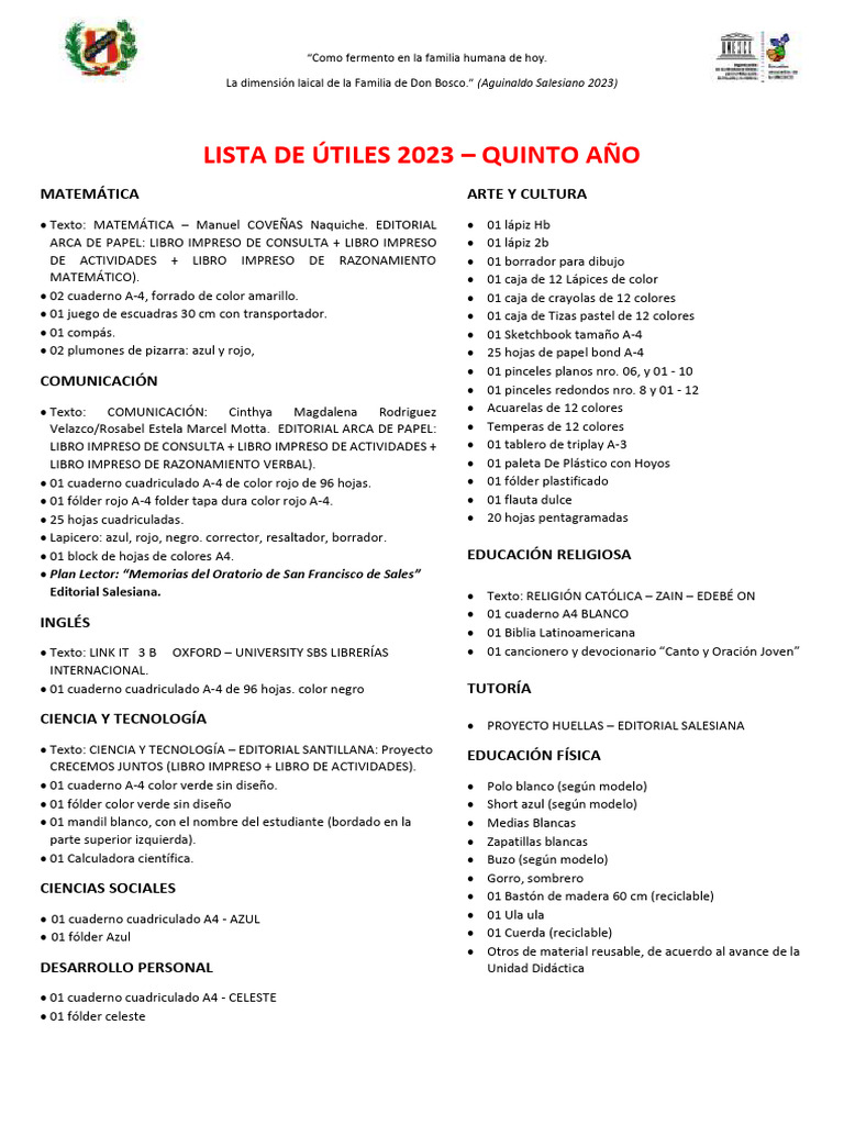 Lista de Útiles 2023 S5 | PDF | Lápiz | Herramientas