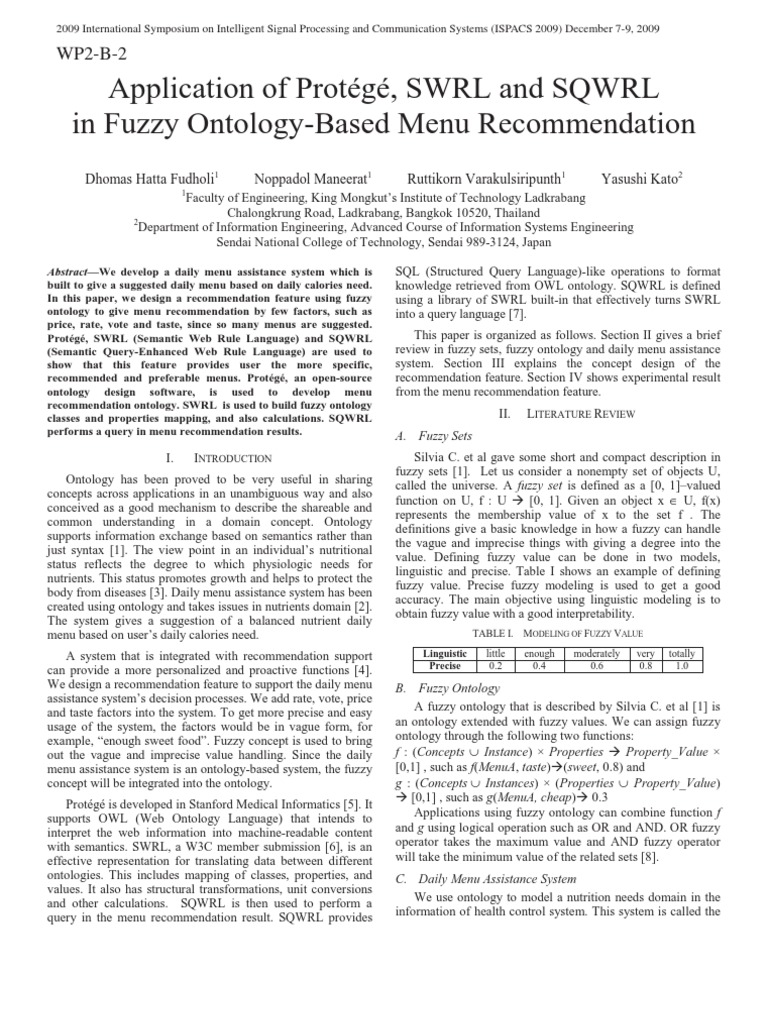 Application of Protege SWRL and SQWRL in Fuzzy Ontology-Based Menu Recommendation | PDF ...