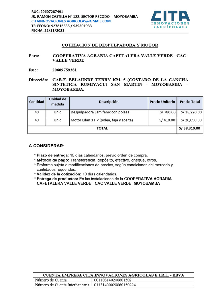 Cotización Despulpadora de Café Eléctrica | PDF | Bienes manufacturados ...