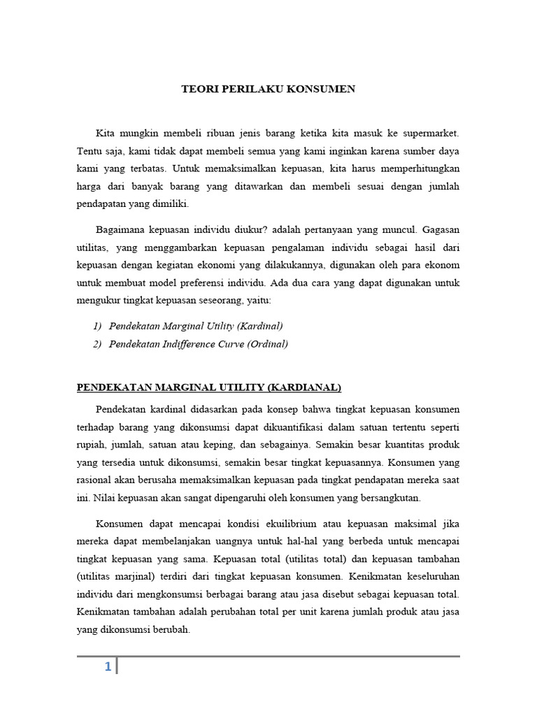 TEORI PERILAKU KONSUMEN (Pendekatan Marginal Utility (Kardinal) | PDF