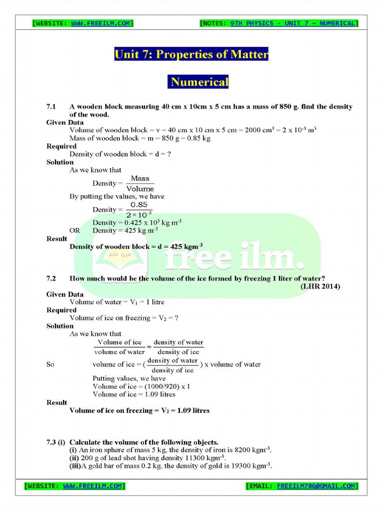 9th Phy CH 7 Numericals | PDF