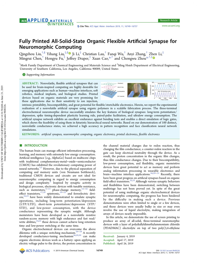 Fully Printed All Solid State Organic Flexible Artificial Synapse For