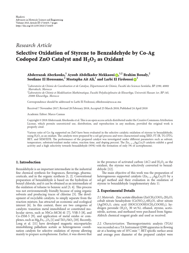 Selective Oxidation of Styrene To Benzaldehyde by | PDF | Catalysis ...