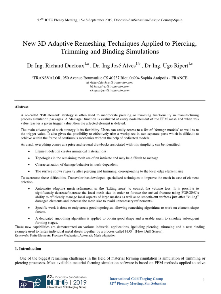 New 3D Adaptive Remeshing Techniques Applied To Piercing, Trimming and Binding Simulations | PDF ...
