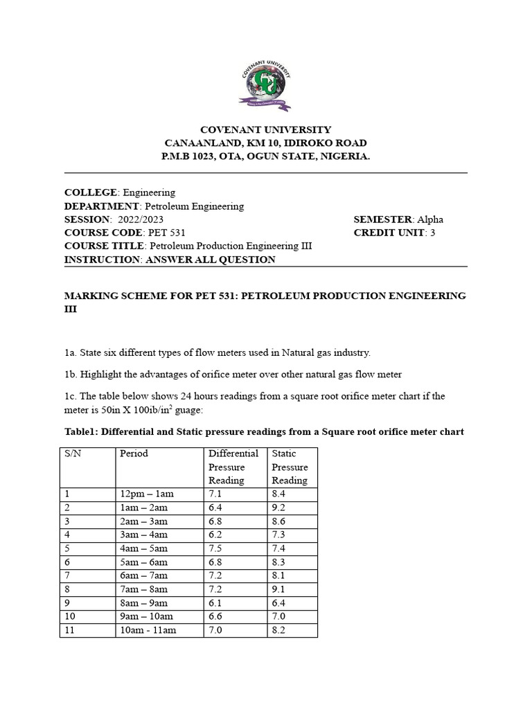 PET 531 Marking Scheme | PDF | Emulsion | Natural Gas Processing