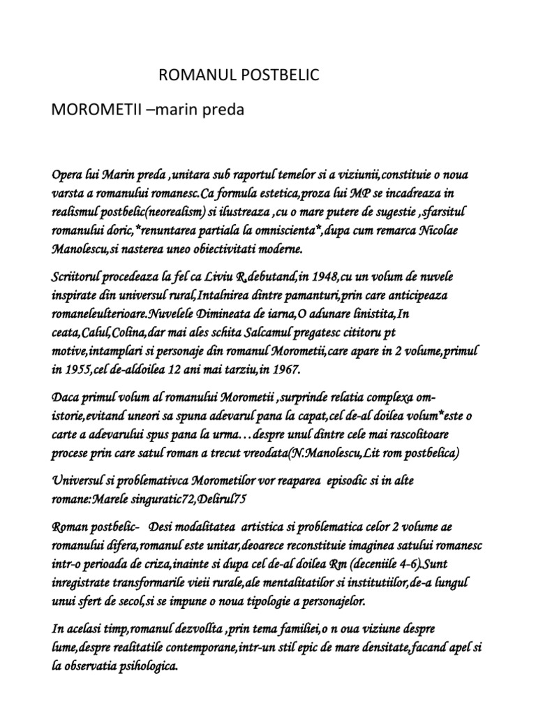 Romanul Postbelic-Morometii | PDF
