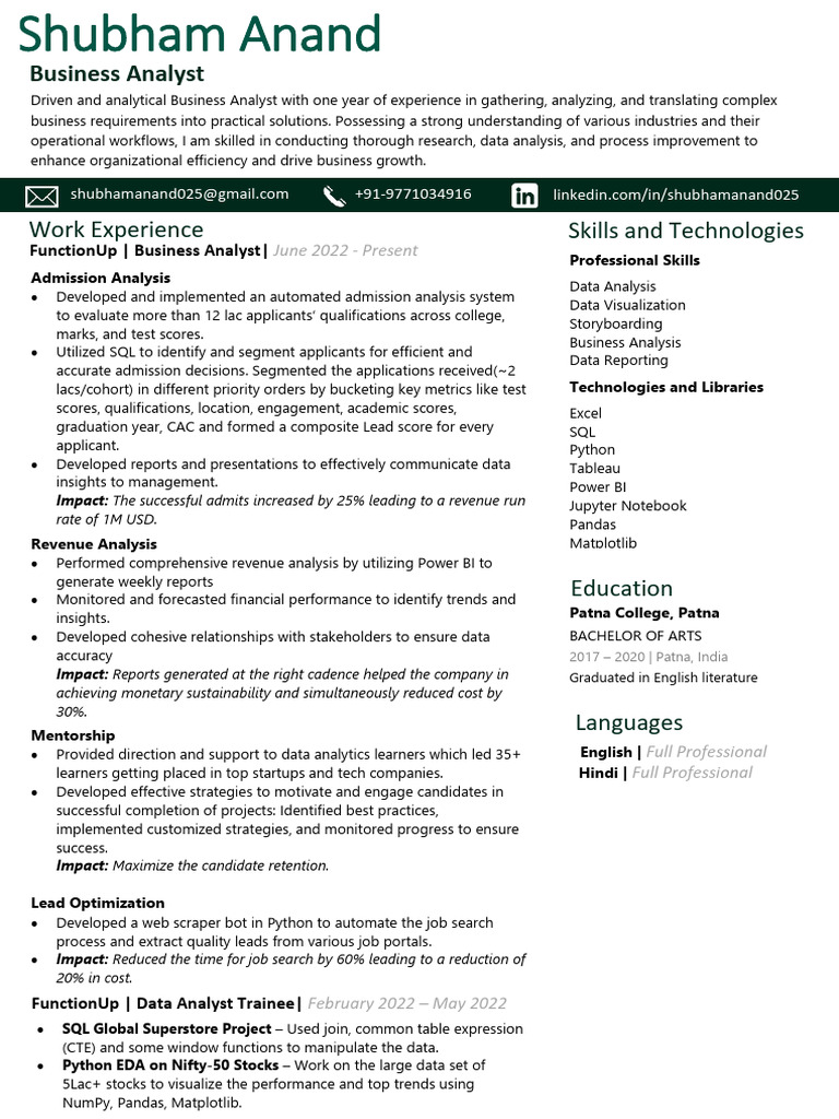 Shubham Anand Resume (01) - 1 | PDF | Data Analysis | Data