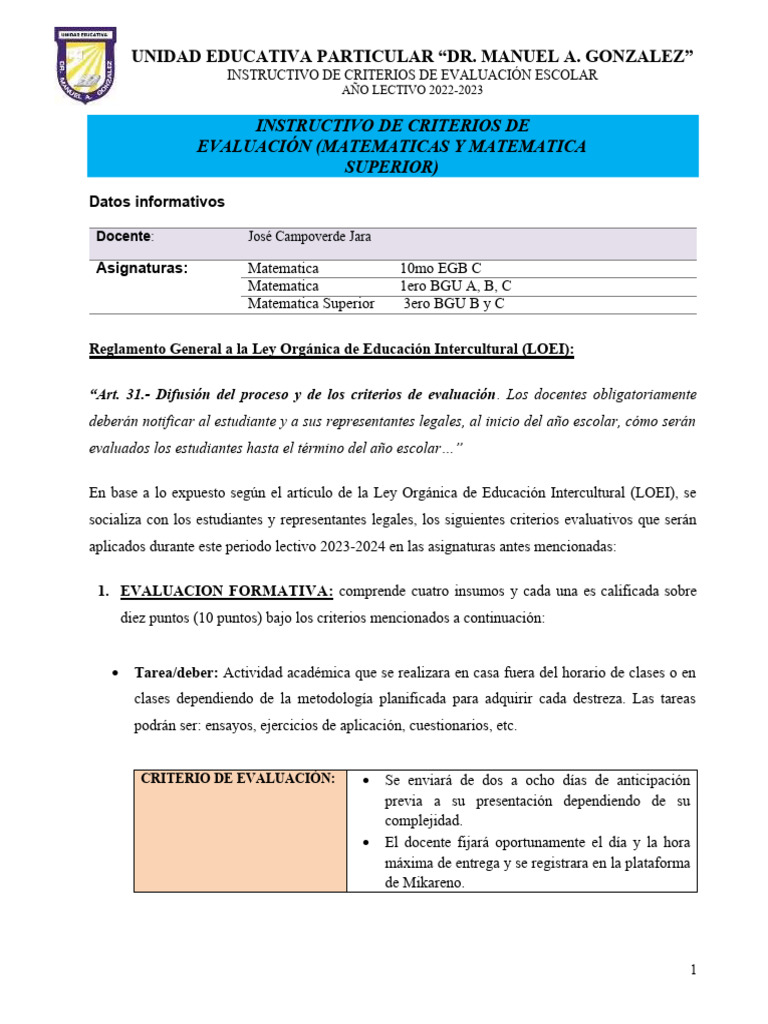 Criterios de Evaluacion de Matematicas 2023 | PDF | Evaluación