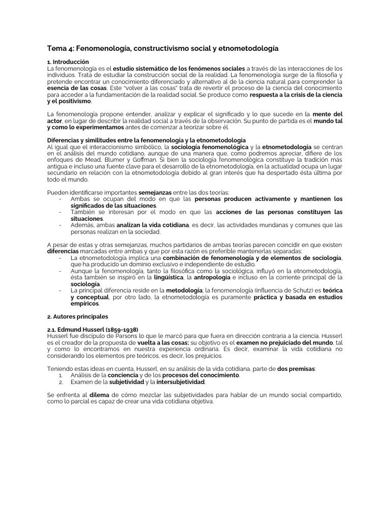 Tema 4 - Fenomenología, Constructivismo Social y Etnometodología | PDF | Sociología | Edmund Husserl