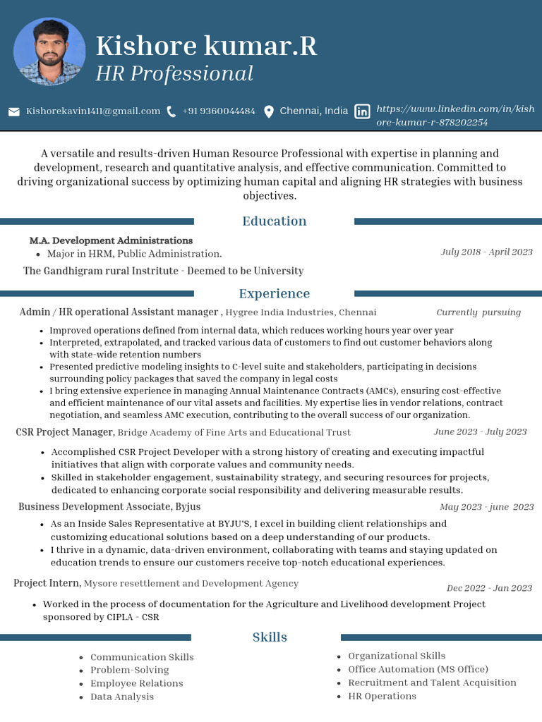 Kishore Kumar.R Resume | PDF | Corporate Social Responsibility | Human Resource Management