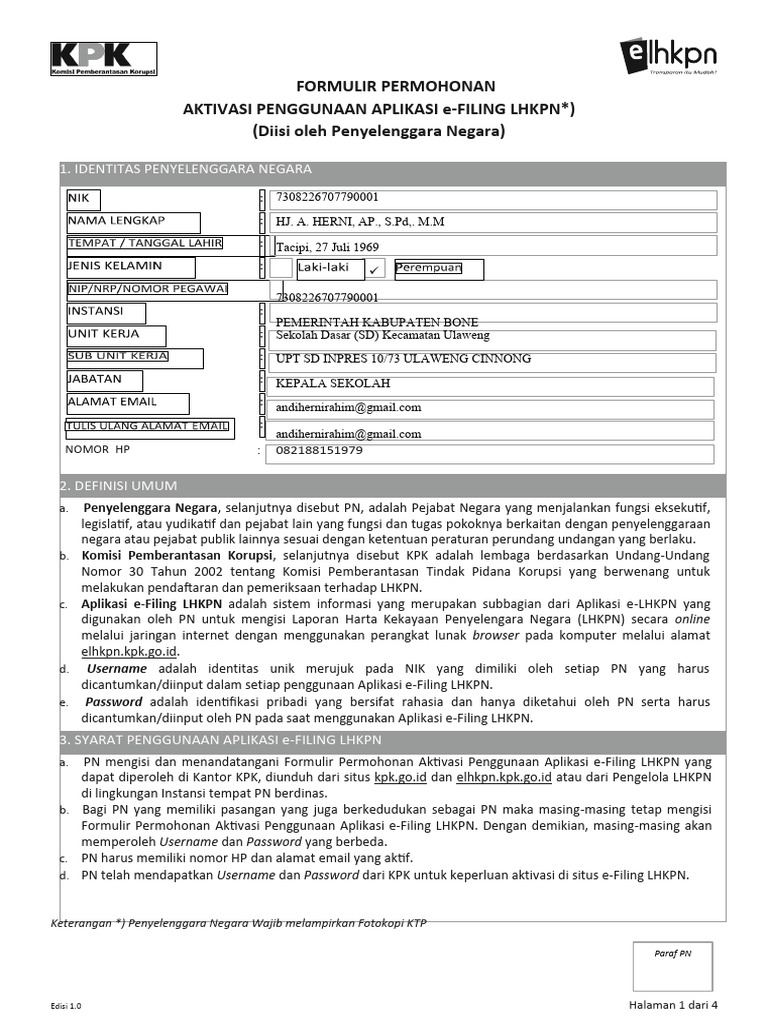 Formulir Permohonan Aktivasi Penggunaan Efiling | PDF