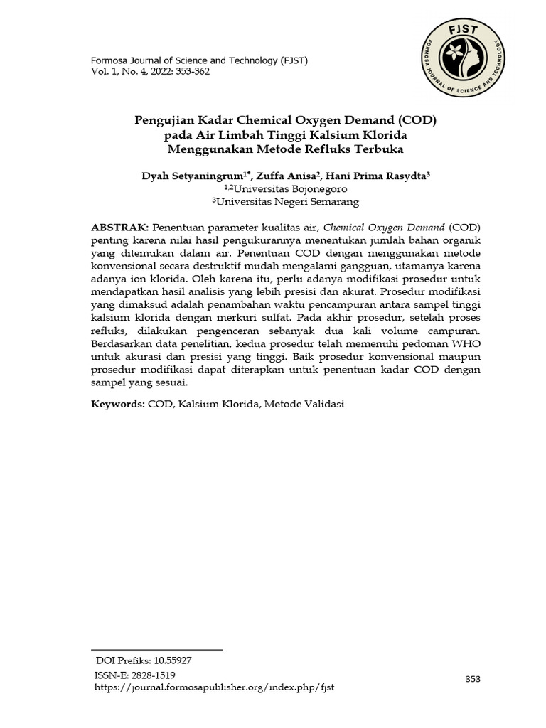 Pengujian Kadar Chemical Oxygen Demand (COD) Pada Air Limbah Tinggi ...