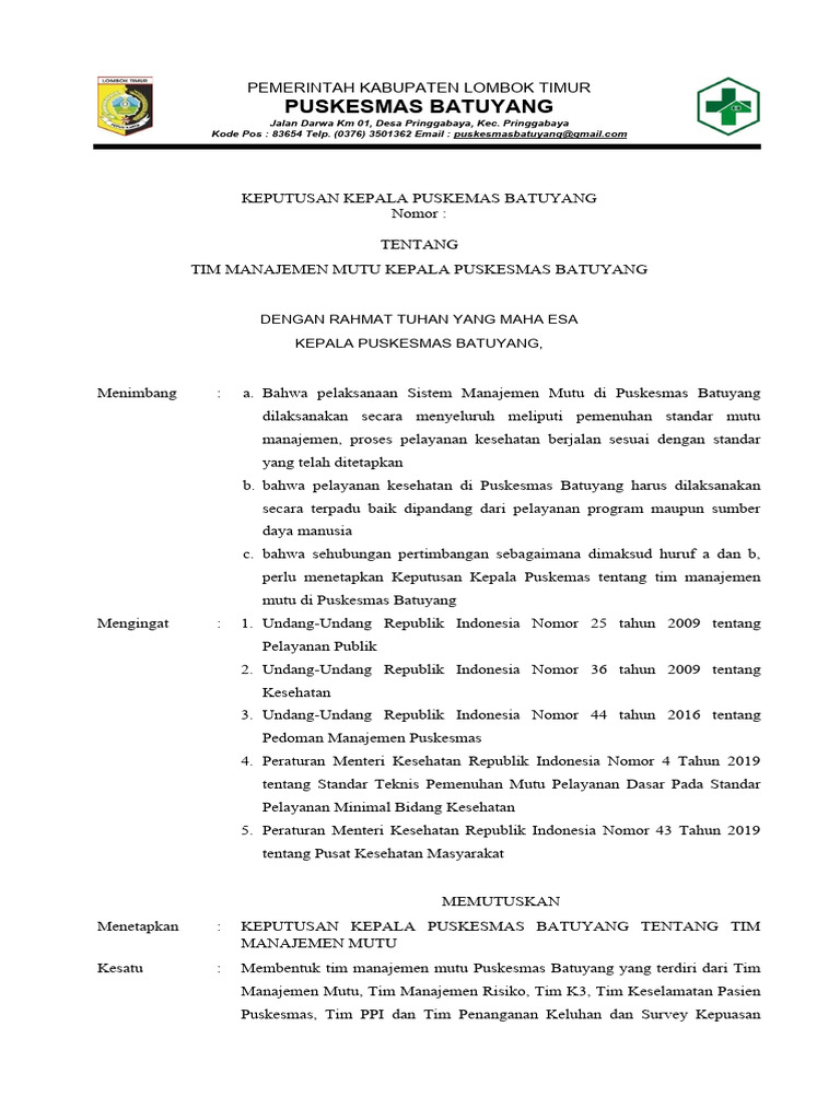 SK Tim Manajemen Mutu Beserta Uraian Tugas | PDF