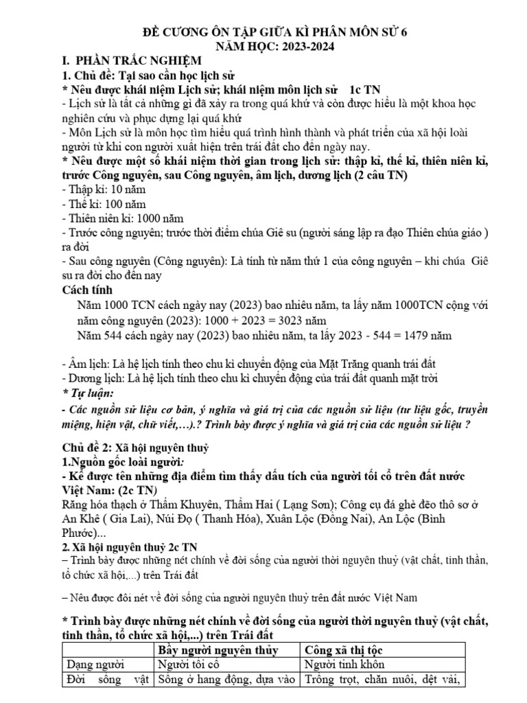 ĐỀ CƯƠNG ÔN TẬP GIỮA KÌ I SỬ 6 nnn | PDF