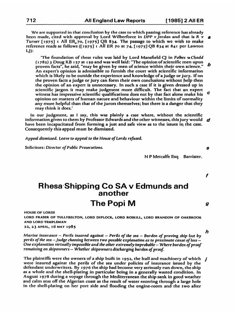 Rhesa Shipping Co SA V Edmunds and Another The Popi M (1985) 2 All ER 712 | PDF