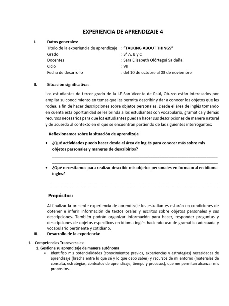 Experiencia de Aprendizaje 4 - Tercer Grado | PDF | Aprendizaje | Idioma en Inglés