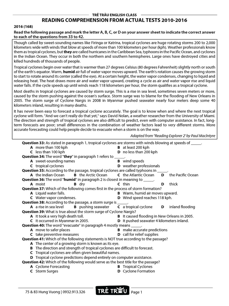Reading Comprehension Sections - Student | PDF | Ion | Tropical Cyclones