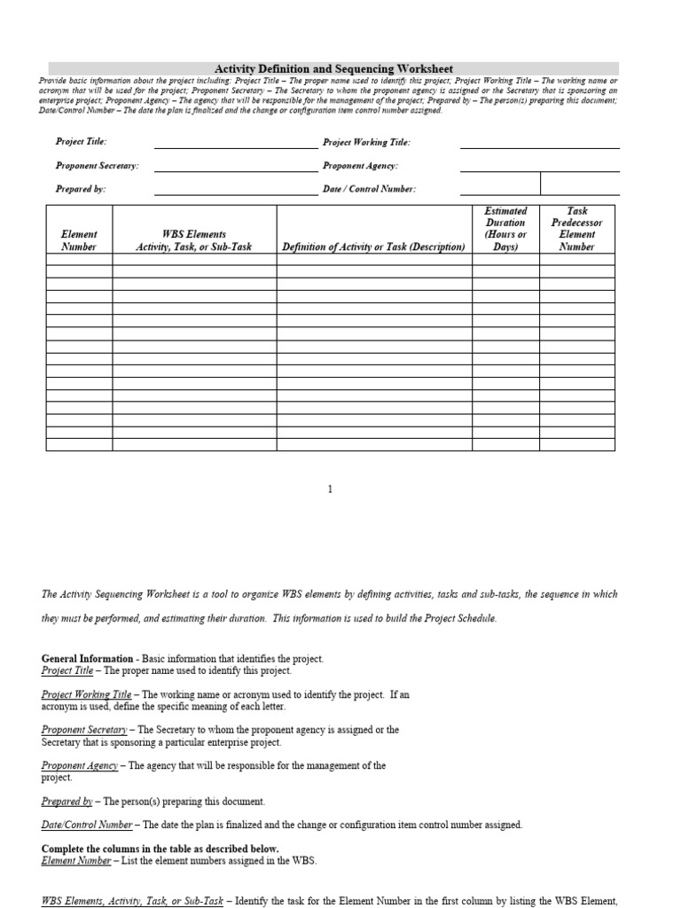 Activity Definition and Sequencing Worksheet 1.2 | PDF | Computing