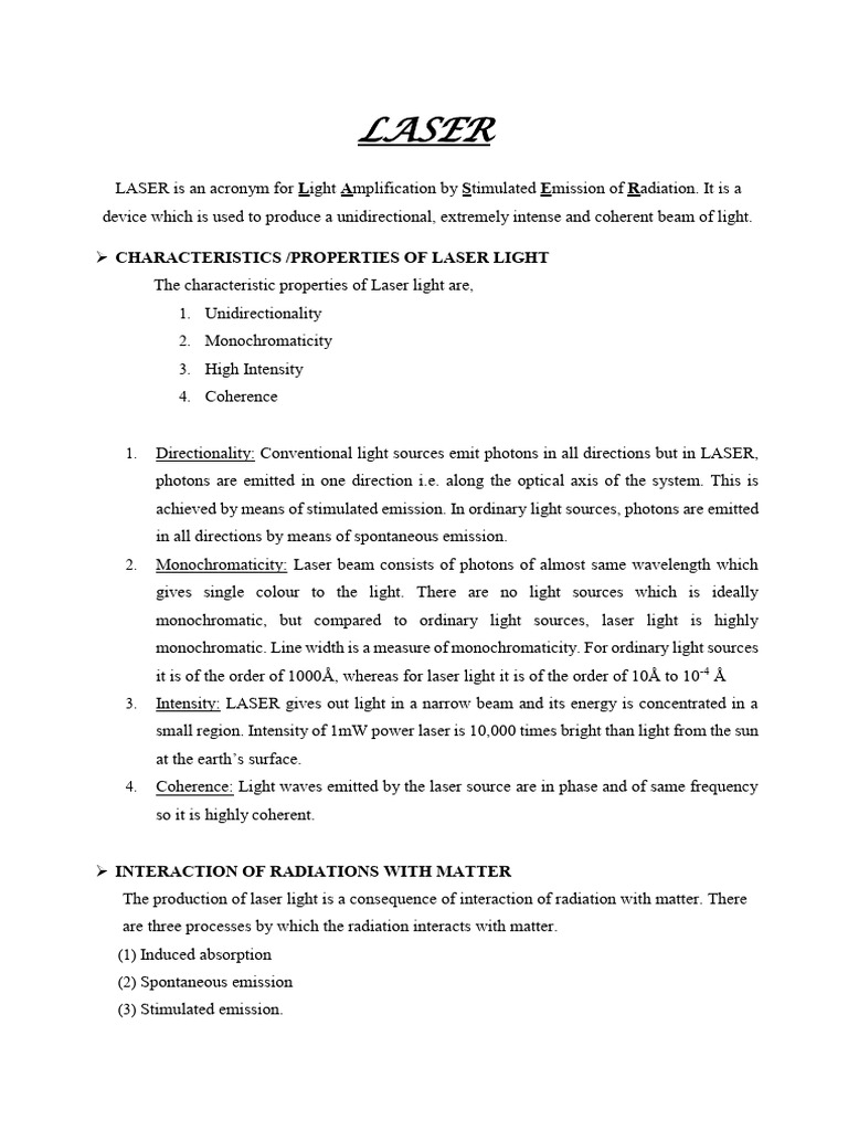 Lasers Notes (Oct - 2023) | PDF | Laser | Emission Spectrum