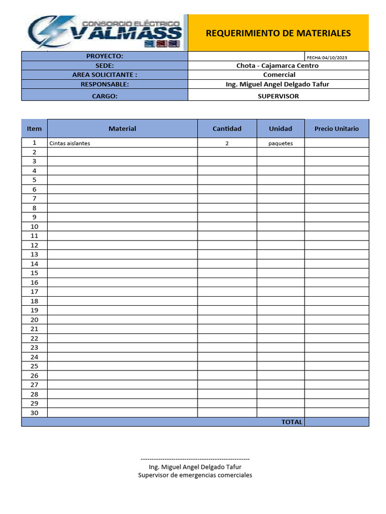 Requerimiento de Materiales - Valmass | PDF