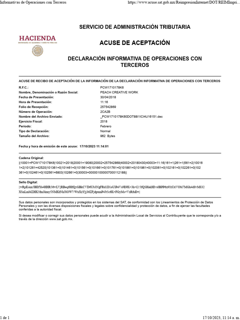 PEACH Acuse de Aceptación DIOT 2018 02 | PDF | Gobierno