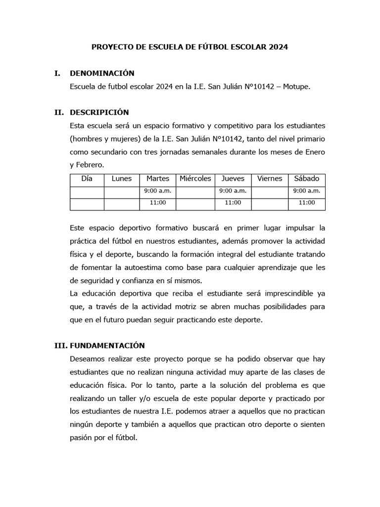 Proyecto de Escuela de Fútbol Escolar 2024 | PDF | Deportes