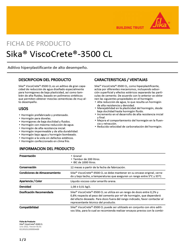 Sika Viscocrete 3500cl | PDF | Hormigón | Ingeniero civil