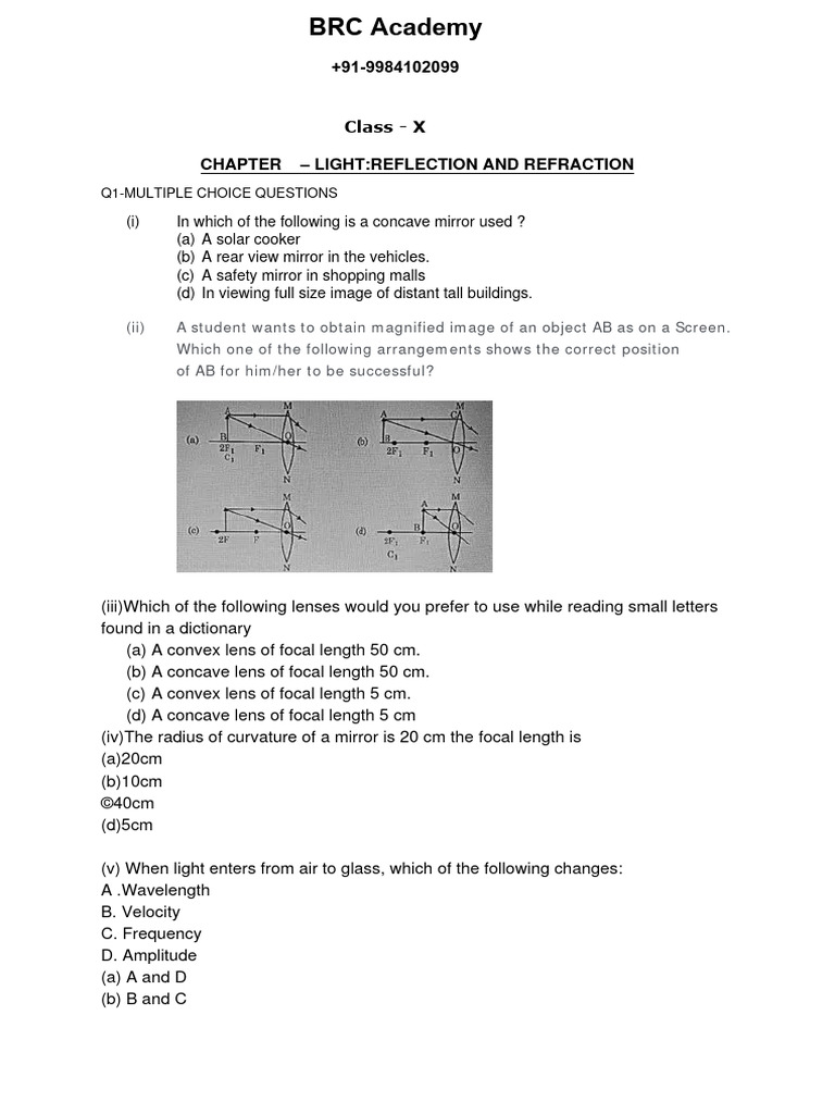 Class 10 Science Worksheet: Light | PDF | Physical Sciences | Atomic
