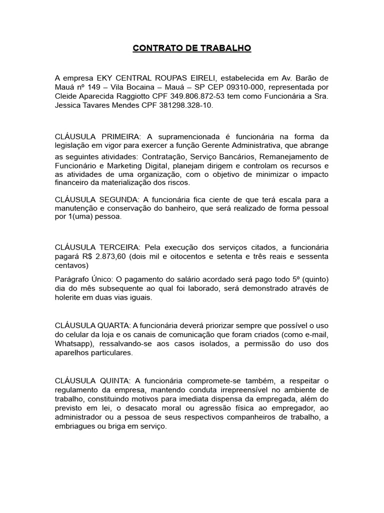 Contrato de Trabalho - Gerente Administrativo | PDF