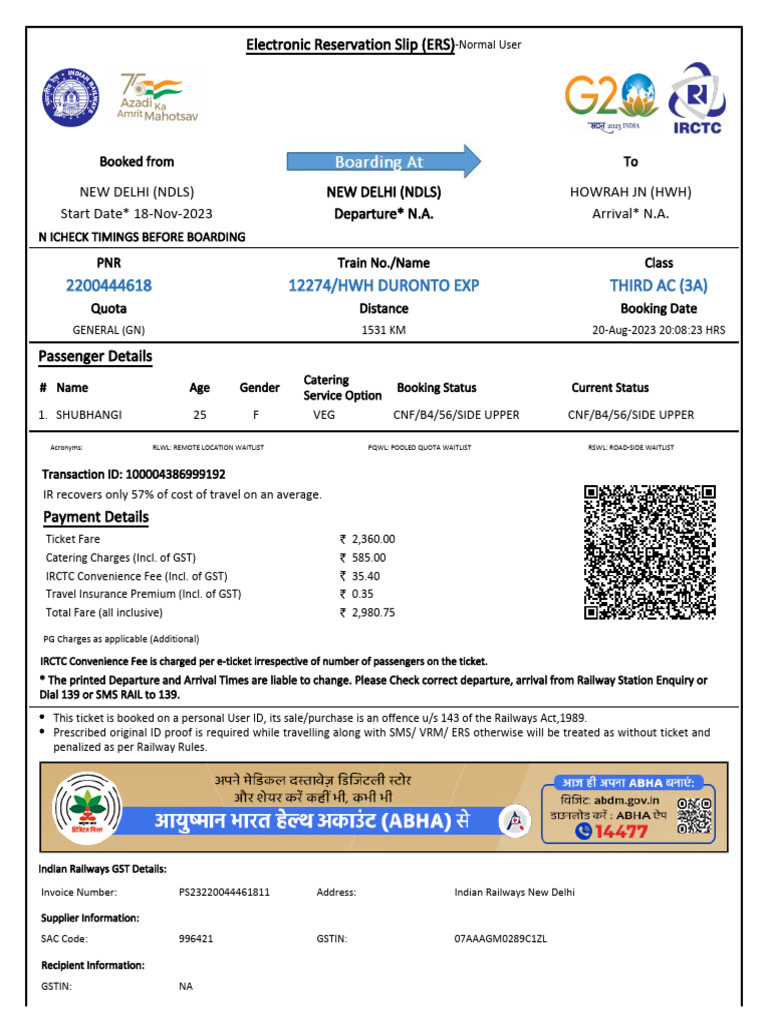 12274/Hwh Duronto Exp Third Ac (3A) | PDF | Identity Document