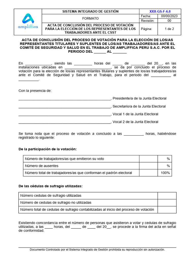 AMP-SST-F-09 Acta de Conclusión Elecciones Del CSST | PDF | Votación ...
