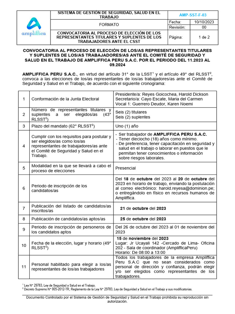 AMP-SST-F-03 Convocatoria A Elecciones Del CSST | PDF | Gobierno