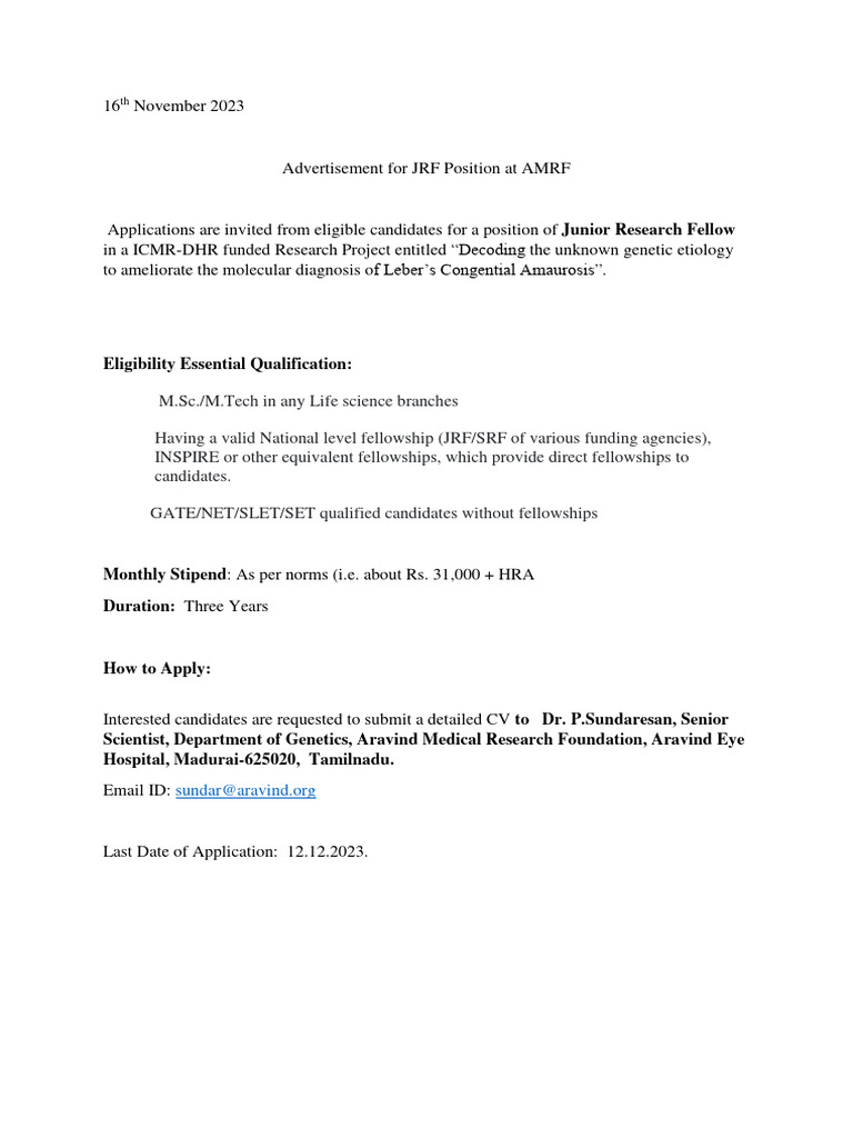 Advertisement For JRF Position at AMRF PI DR P Sundaresan 1700586179 | PDF