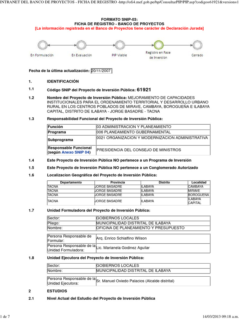 Ficha Snip Proyecto | PDF | Presupuesto | Planificación urbana