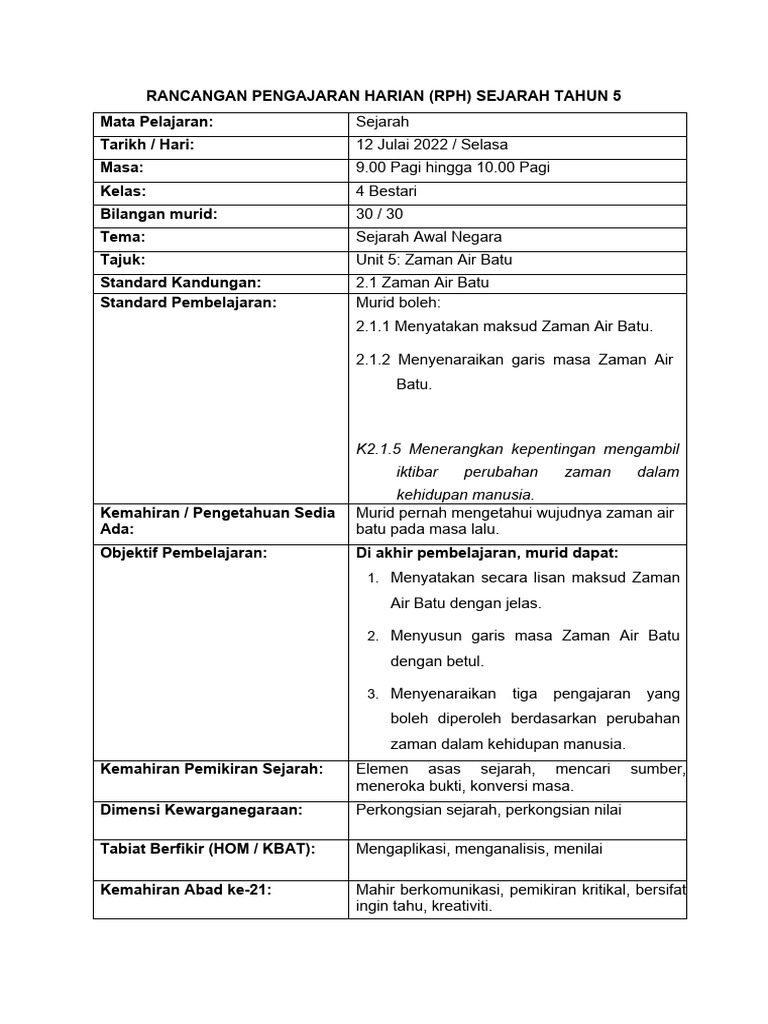 RPH Sejarah Tahun 4 | PDF