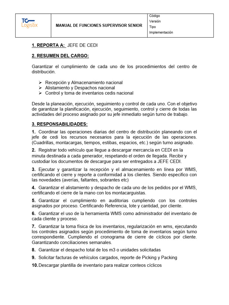 Manual de Funciones Supervisor Senior | PDF | Planificación