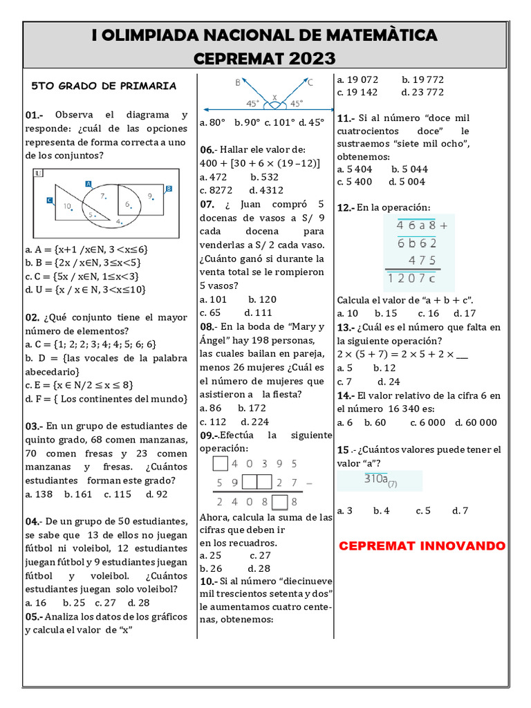 Examen de 5to Grado Matematica | PDF | Matemáticas