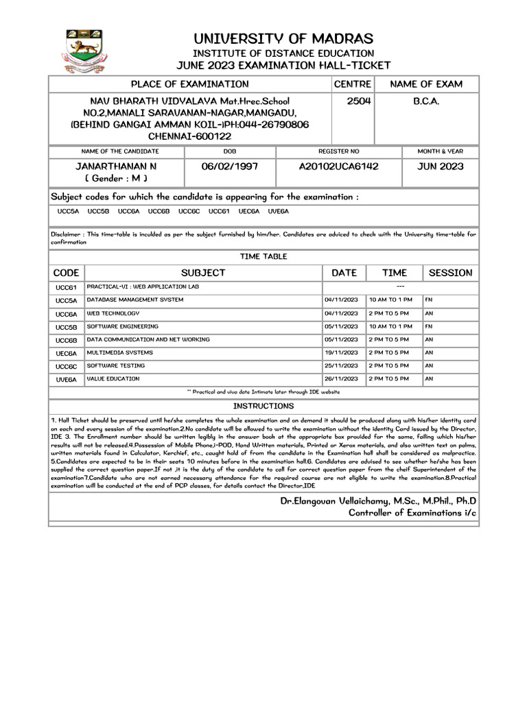 Janarthanan N - Hall Ticket | PDF | Information Technology | Computing