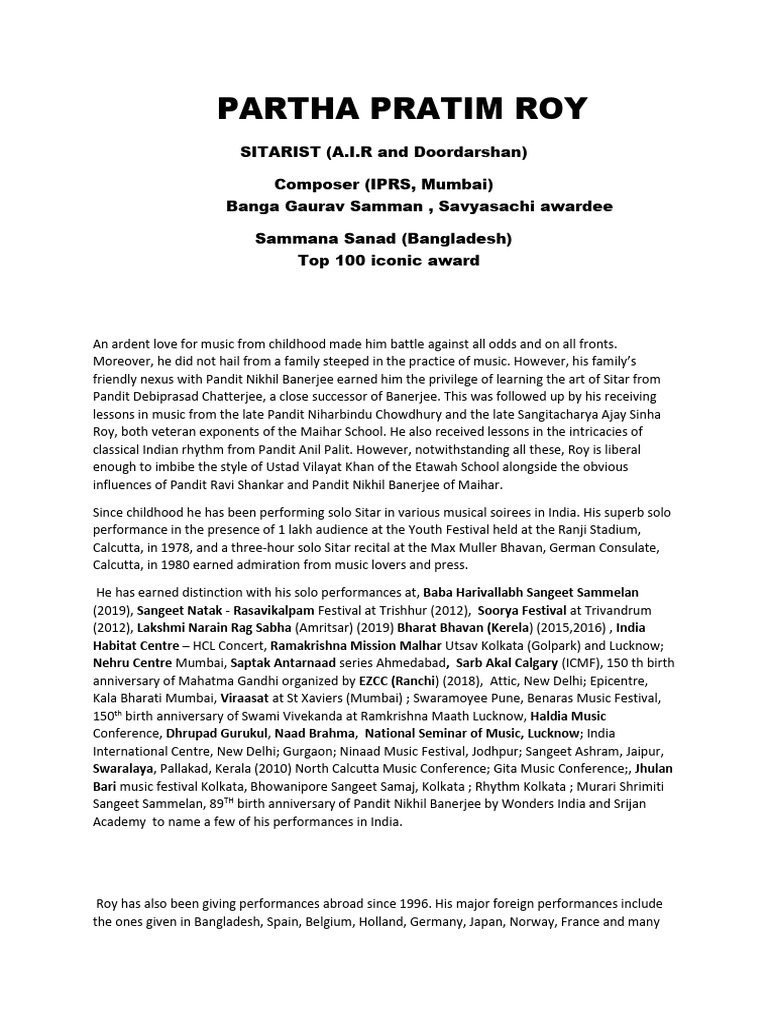 CV Partha Pratim Roy 2023 | PDF | Kolkata | Performing Arts