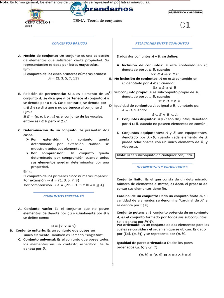 Pract. 01 - Aritmetica y Algebra14-21 | PDF | Conjunto (Matemáticas) | Matemáticas