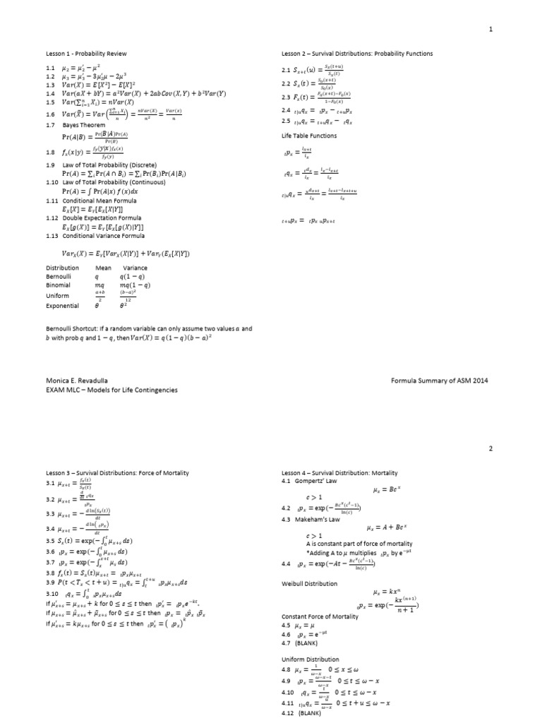 Actuarial Exam MLC Formula Guide | PDF | Probability Distribution ...