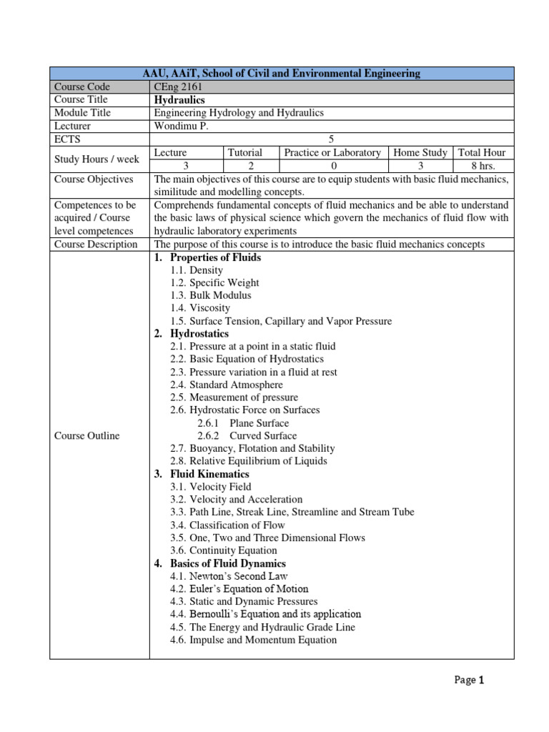 Hydraulics Course Overview and Objectives | PDF | Fluid Mechanics ...