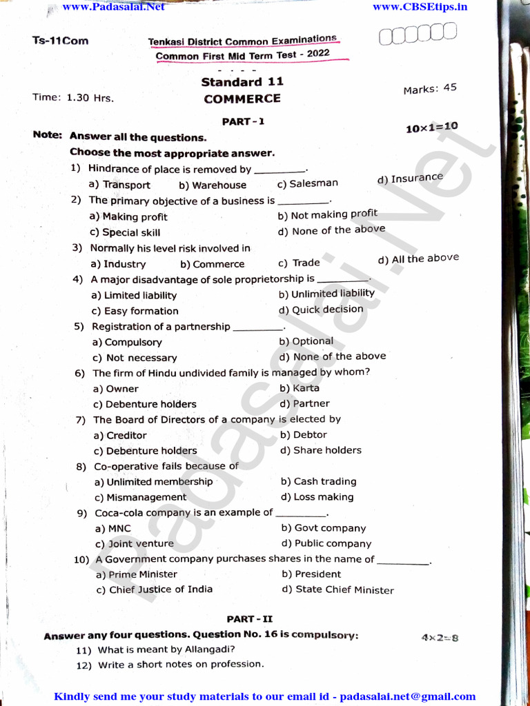 11th Commerce 1st Mid Term Exam 2022 Question Paper Tenkasii District ...